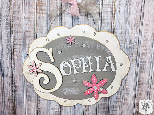 Floral Girl's Name Sign on Cute Layered Oval Plaque - Personalized Nur ...